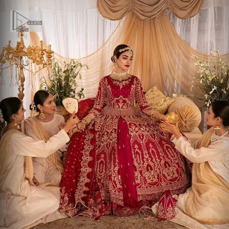 Red Front Open Maxi - Can Can Lehenga n Duppata - Reception
