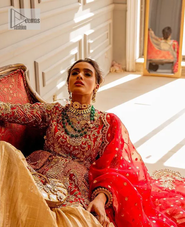 Bright Red Short Frock – Golden Crushed Lehenga Reception