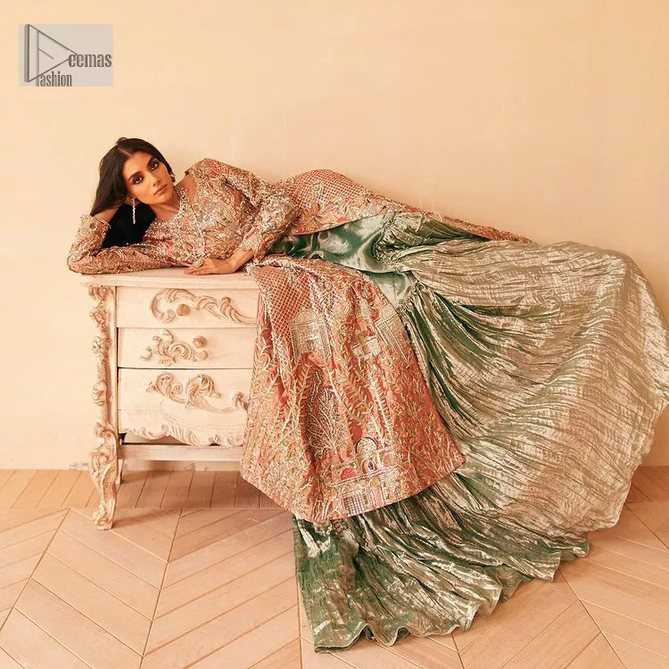 Peach Front Open Maxi – Crushed Lehenga - Dupatta As Nikah