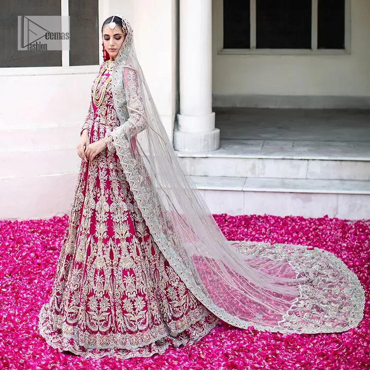 Shocking Pink Scalloped Maxi Lehenga - Gray Dupatta - Walima